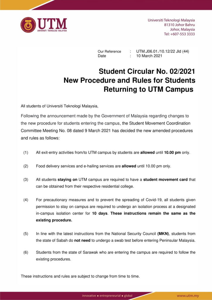 New Procedure and Rules for Students Returning to UTM Campus - Kolej ...