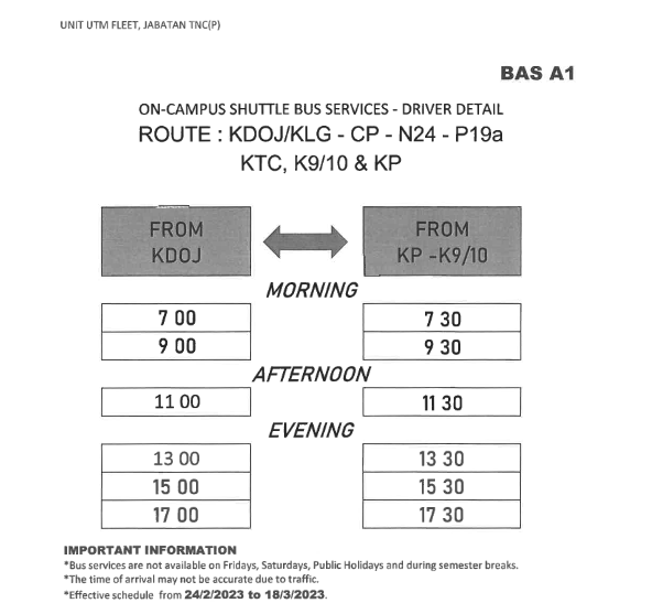 UTM Bus Schedule - Kolej Dato' Onn Jaafar UTM - KDOJ